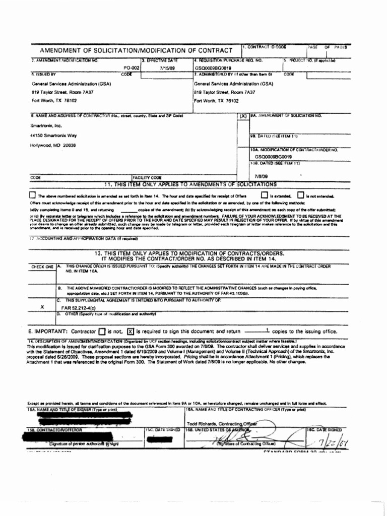 Recovery Board Second Contract Modification SF 30 and Pricing | PDF ...