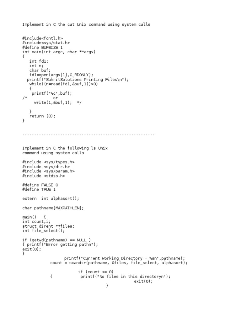 Implement in C The Cat Unix Command Using System Calls | PDF