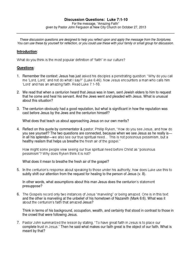 Reflection Questions Luke 7 1 10 Gospel Of Luke Jesus