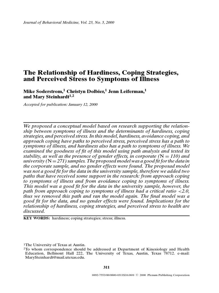 Hardiness, Coping, and Illness Symptoms | PDF | Coping (Psychology ...
