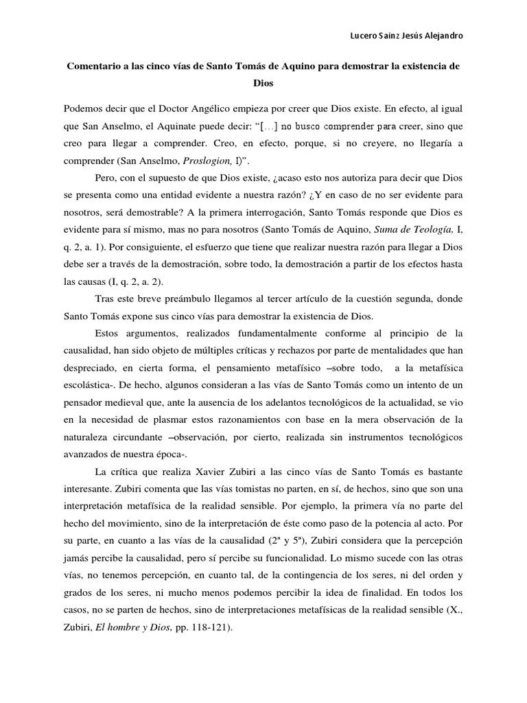 Comentario A Las Cinco Vías de Santo Tomás de Aquino para Demostrar La Existencia de Dios | PDF ...