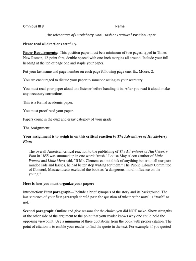 Omnibus III B Huckleberry Finn Position Paper Requirements | PDF ...