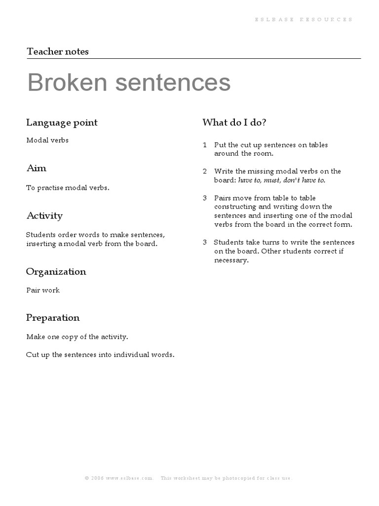 Broken Sentences: Teacher Notes | PDF
