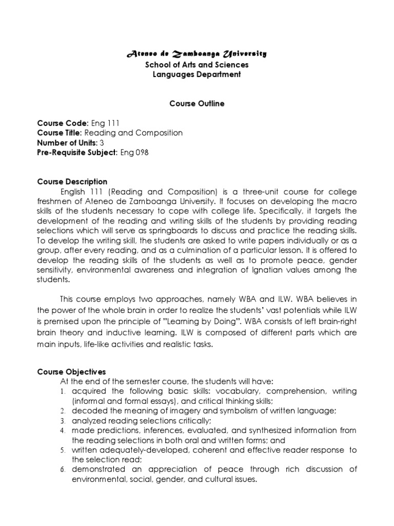 Eng 111 Course Outline: Reading & Composition | PDF | Reading ...