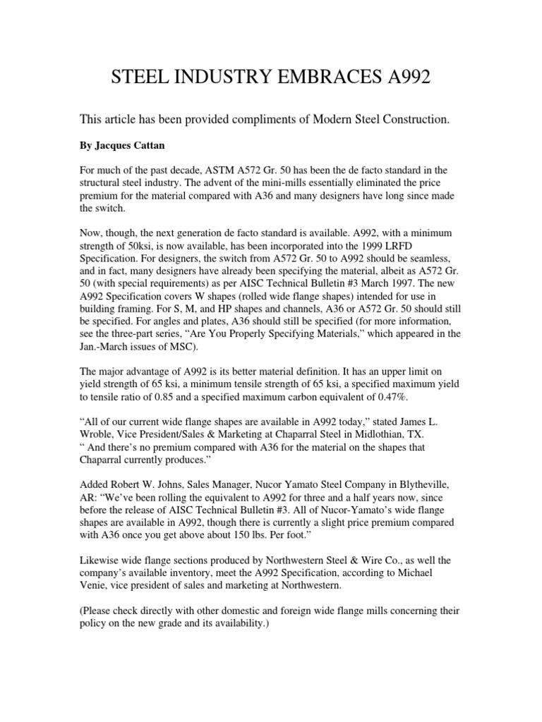 ASTM A992 (Replacement For A572 Gr. 50) PDF | PDF | Structural Steel ...