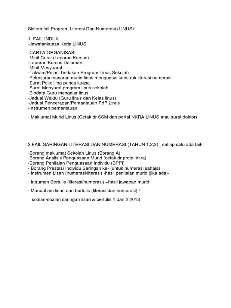 Sistem Fail Program LINUS Tahun 1 | PDF