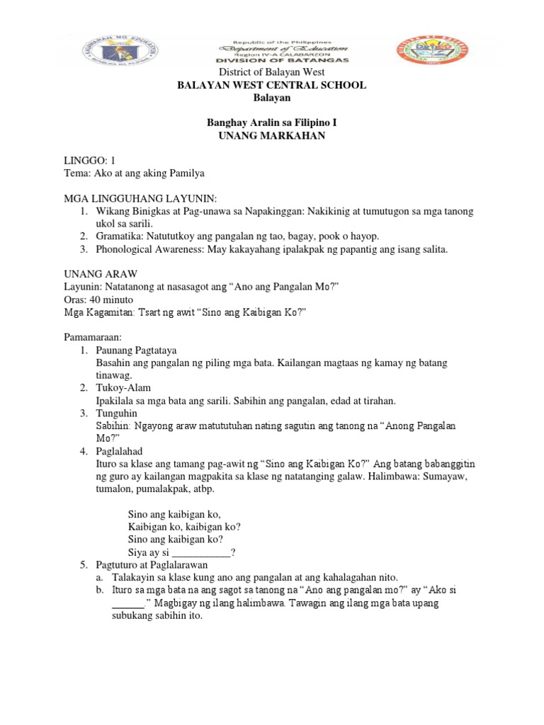 Banghay Aralin Sa Filipino I | PDF