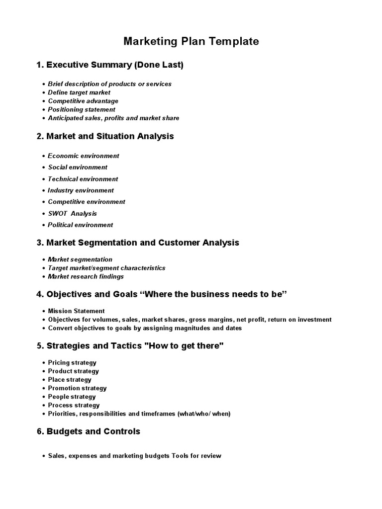 Marketing Plan Template: 1. Executive Summary (Done Last) | PDF