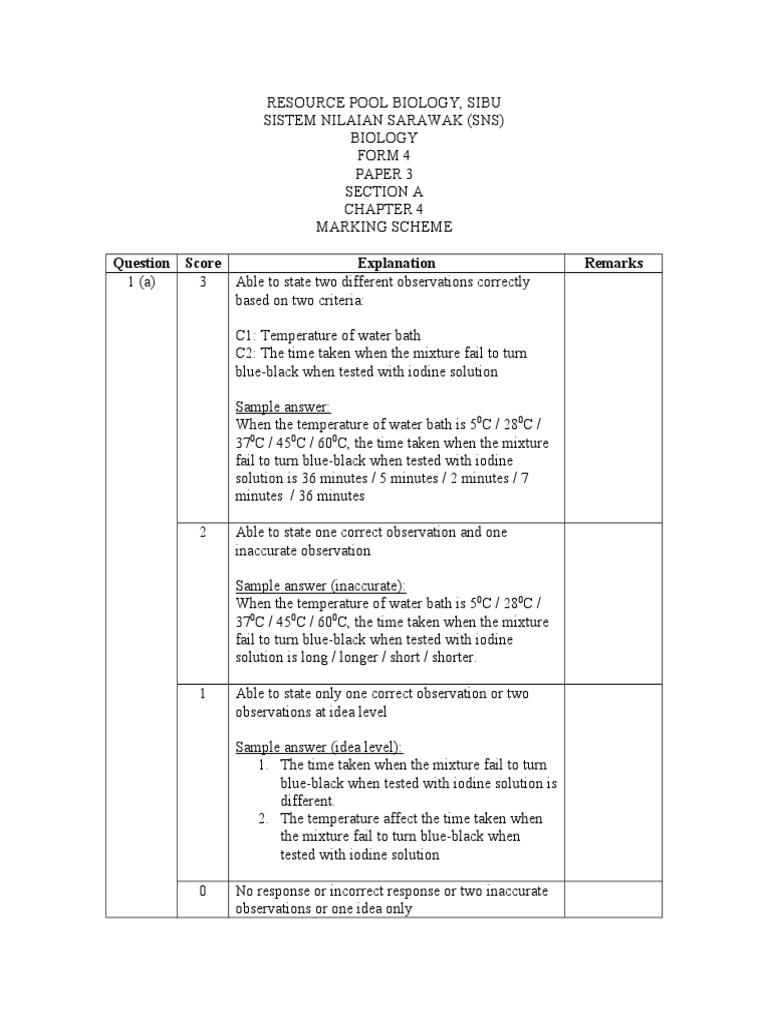 Biology Form 4 Paper 3 Marking Scheme | PDF | Enzyme | Starch