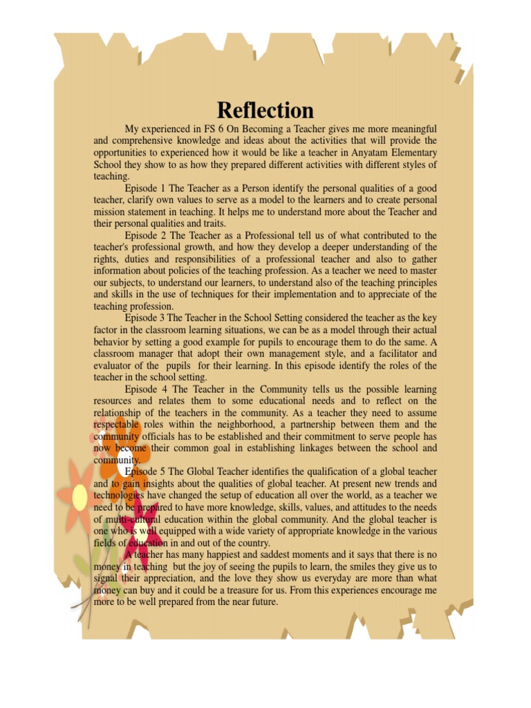 Reflection fs6 | PDF | Teachers | Quality Of Life