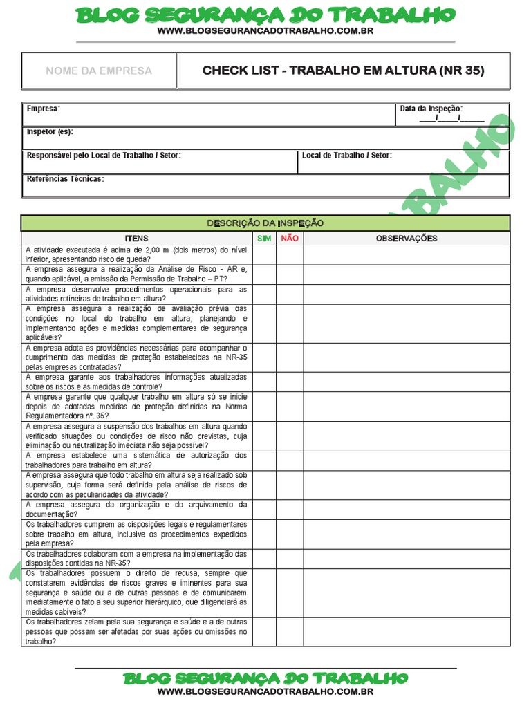 Modelo de Check List - Trabalho em Altura (NR 35) - Blog Segurança Do ...