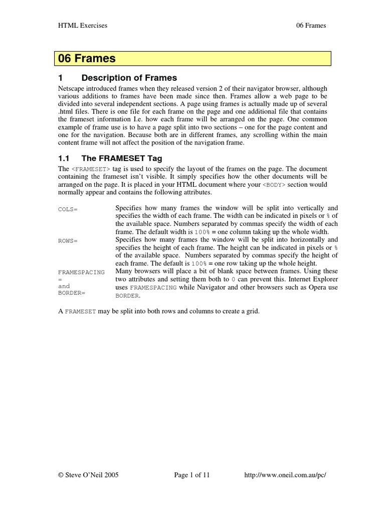 HTML 6 Frames PDF | PDF | Hyperlink | Html Element