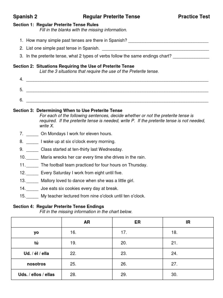 Spanish 2 Regular Practice Preterite Test | PDF