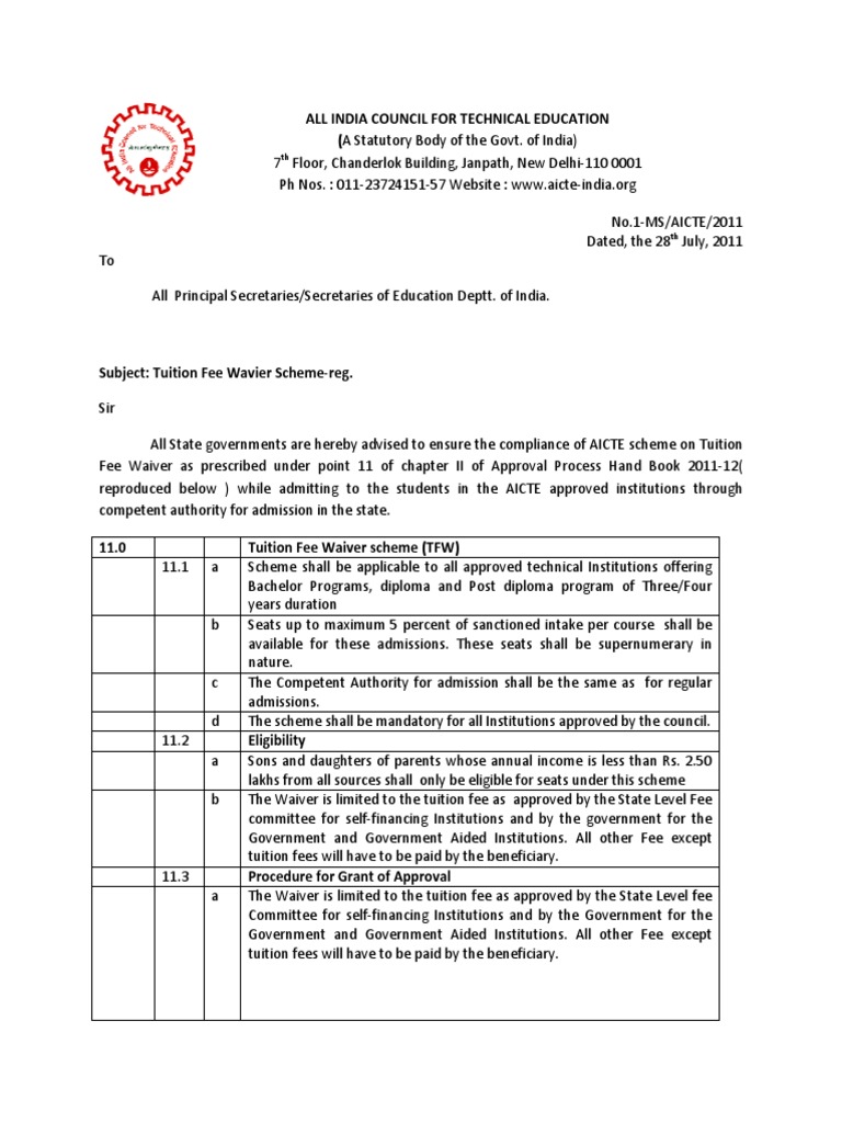 AICTE Tuition Fee Waiver Circular PDF | PDF | Tuition Payments | Academia