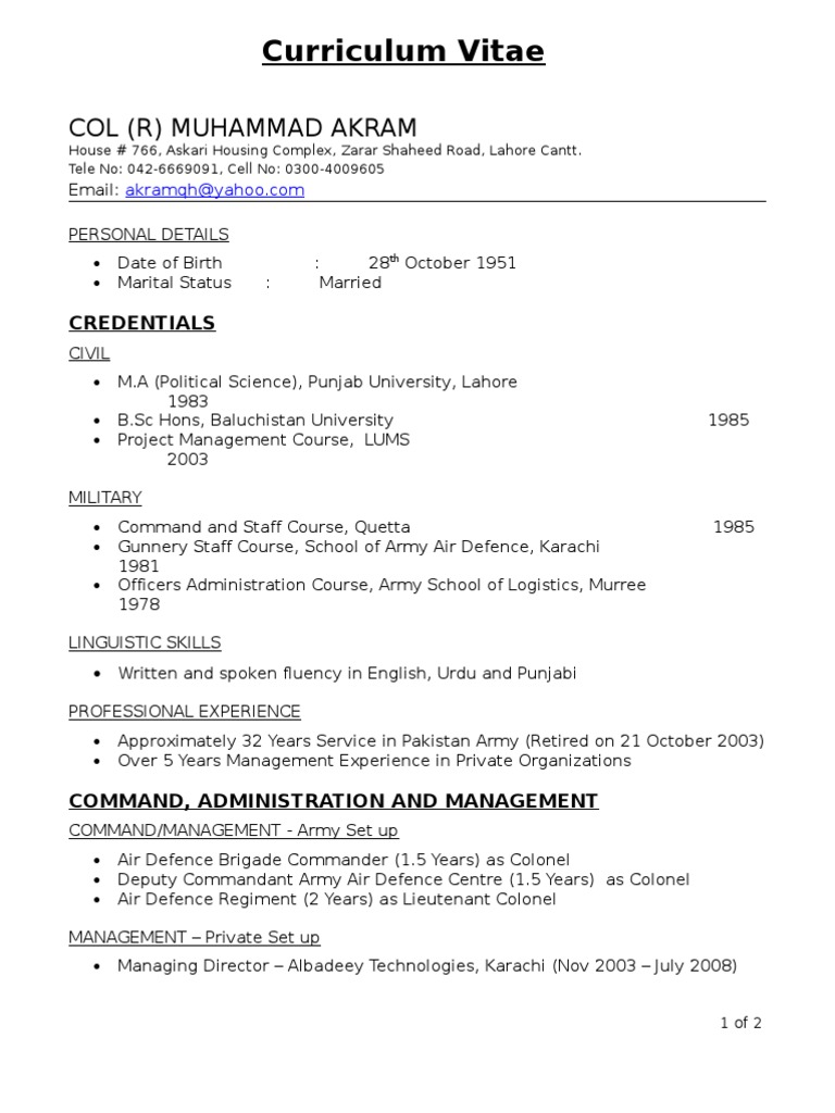CV of Col (R) Muhammad Akram | PDF | Colonel | Brigade