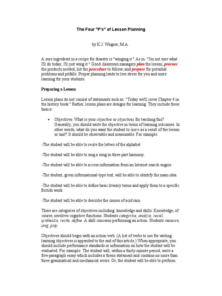 Four P's of Effective Lesson Planning | PDF | Lesson Plan | Educational ...