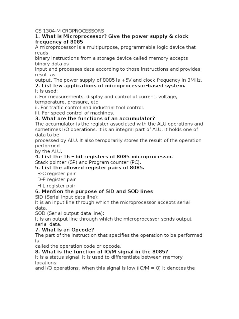 CS 1304-MICROPROCESSORS 1. What Is Microprocessor? Give The Power Supply | PDF | Central ...