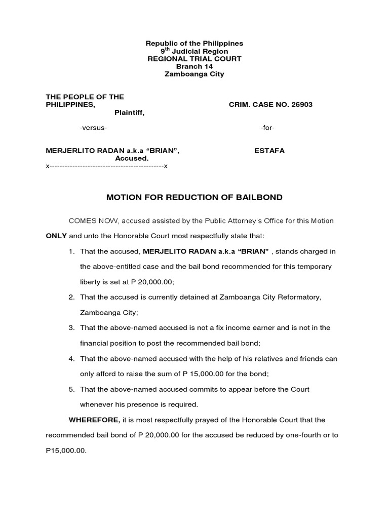Motion to Reduce Bail for Merjerlito Radan | PDF