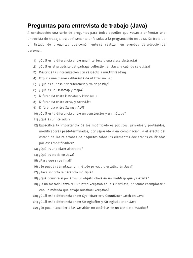 Preguntas para Entrevista de Trabajo | PDF | Java (lenguaje de programación) | C