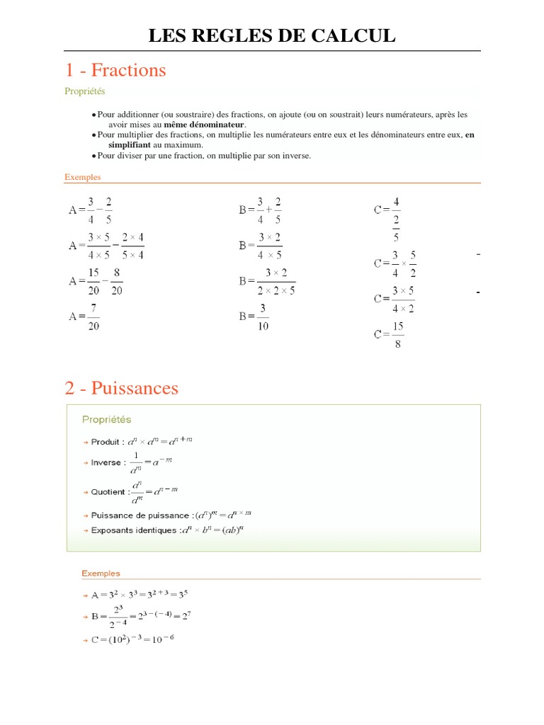 Les Regles de Calcul | PDF | Fraction (Mathématiques) | Enseignement ...
