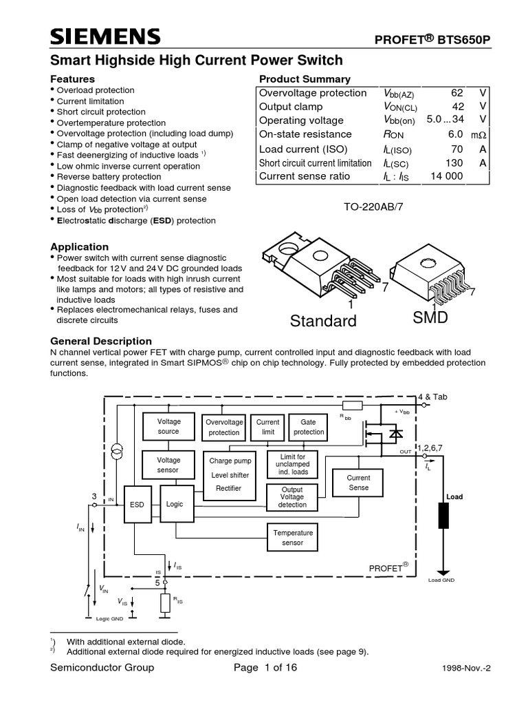 Smart Highside High Current Power Switch: Standard SMD | PDF | Field Effect Transistor | Diode