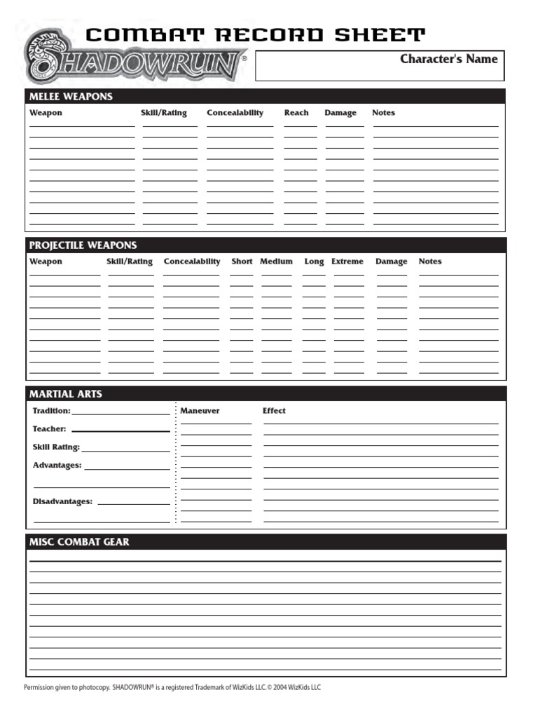 Shadowrun 3rd Ed - Combat Record Sheet | PDF