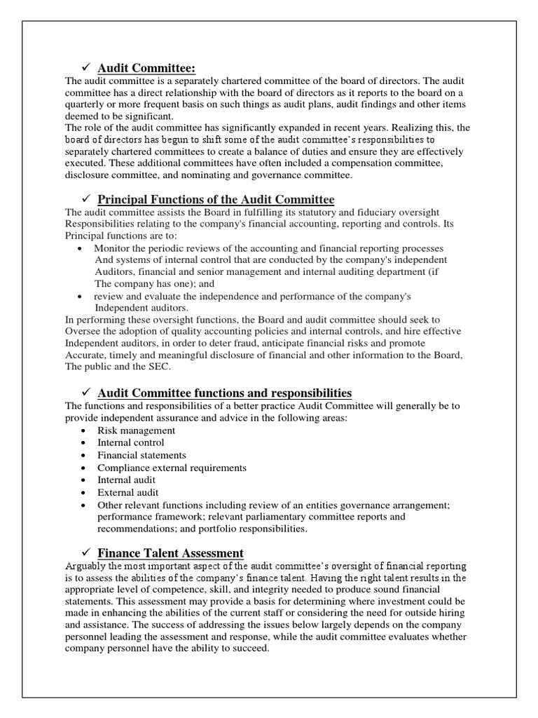 Principal Functions of The Audit Committee | Download Free PDF | Audit ...