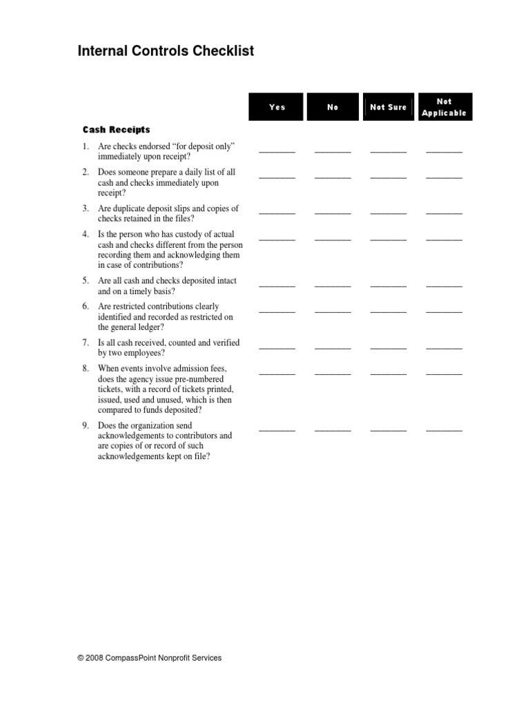 Internal Controls Checklist: Yes No Not Sure Not Applicable | PDF ...