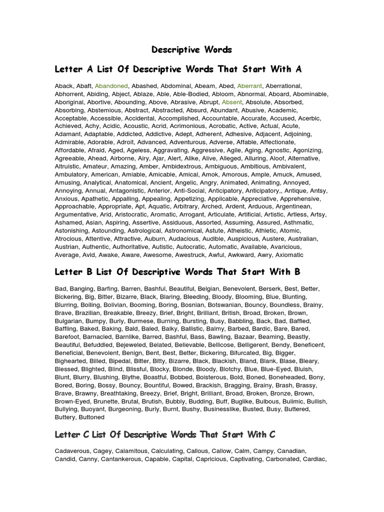 Descriptive Words Letter A List of Descriptive Words That Start With A ...