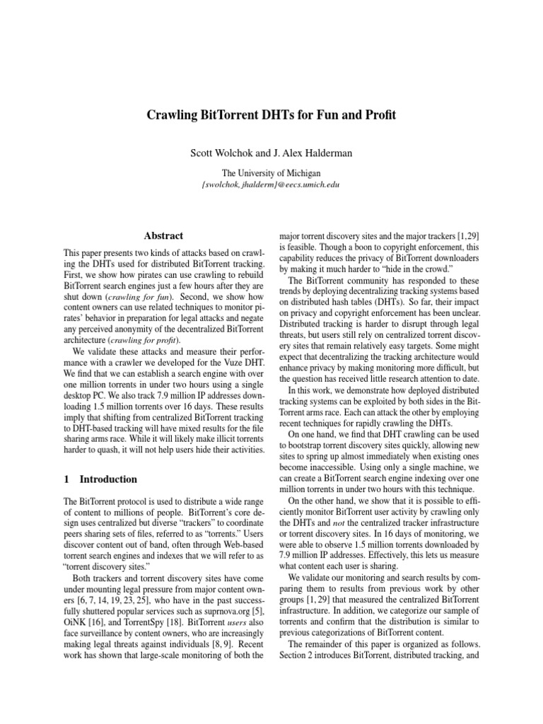 Crawling Bittorrent Dhts For Fun and Profit: Scott Wolchok and J. Alex ...