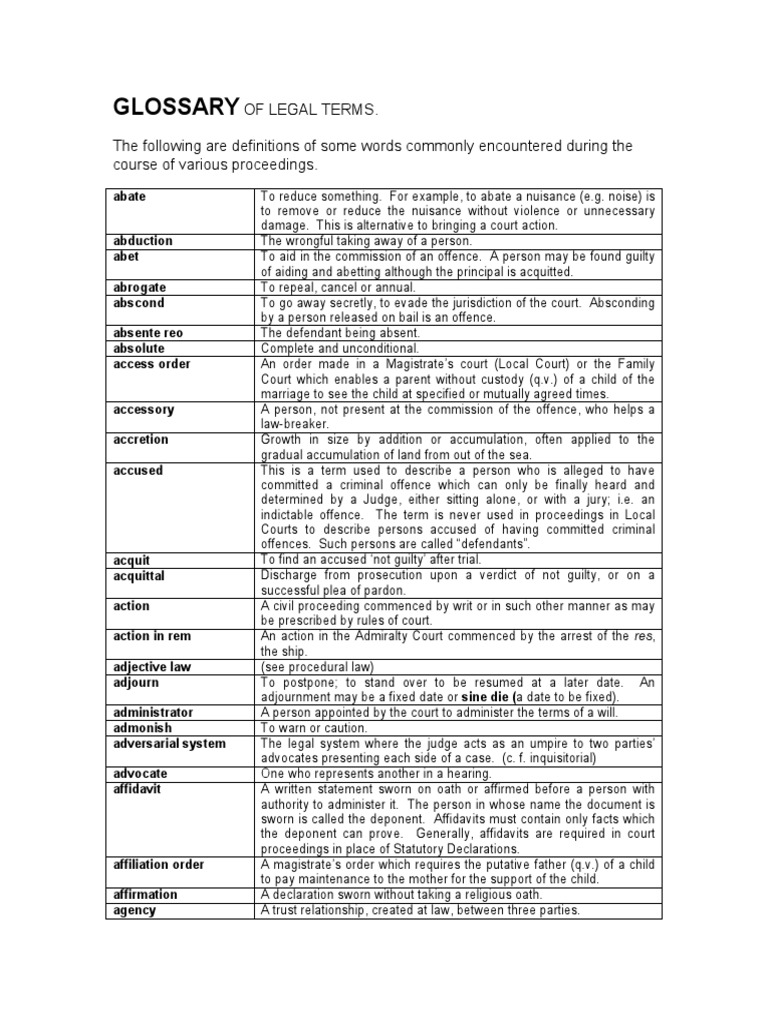 Legal Terms Glossary for Court Use | PDF | Judgment (Law) | Crime ...