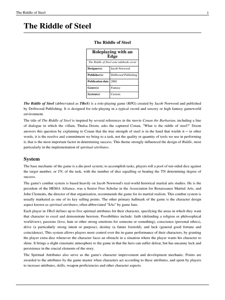 The Riddle of Steel RPG Overview | PDF | Fantasy | Fantasy Games
