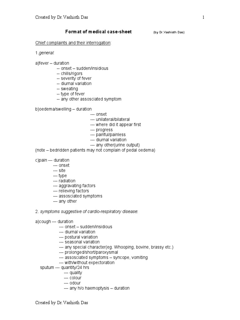 Format of Medical Case-Sheet: Created by DR - Vashisth Das 1 | PDF ...
