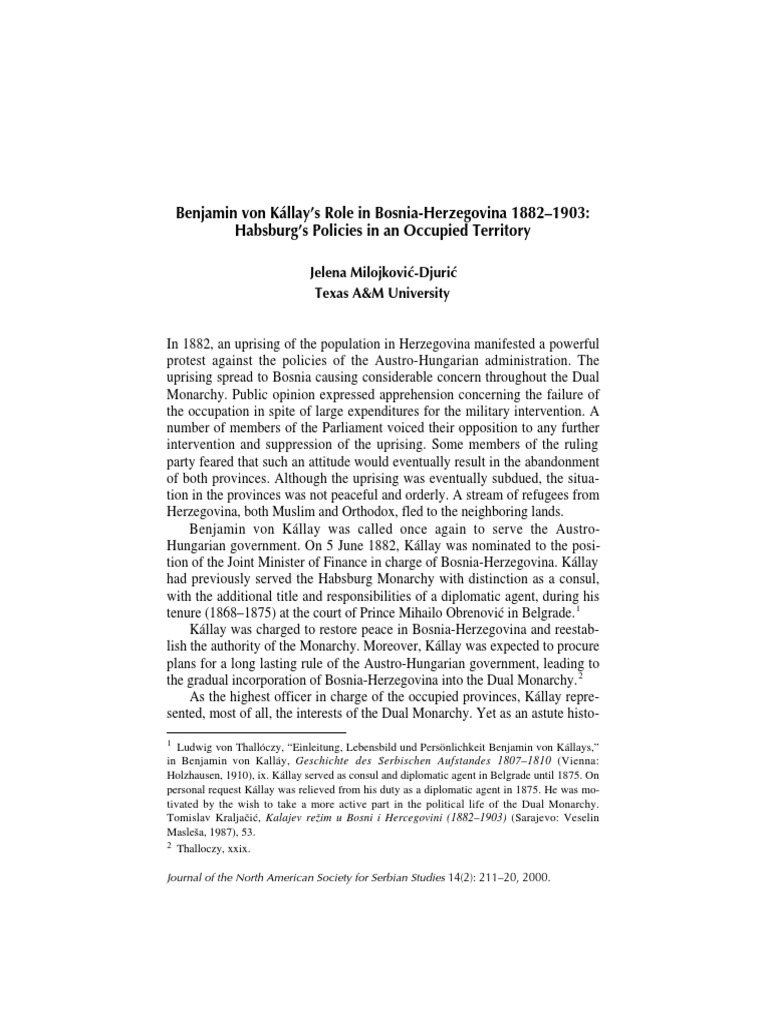 Benjamin Von Kallay's Role in Bosnia-Herzegovina 1882-1903 | PDF ...