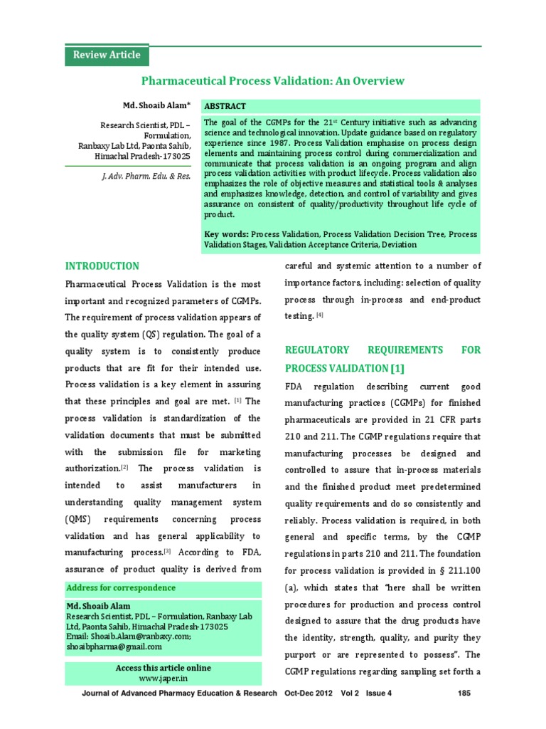 Overview of Pharmaceutical Process Validation | PDF | Verification And Validation | Scientific ...