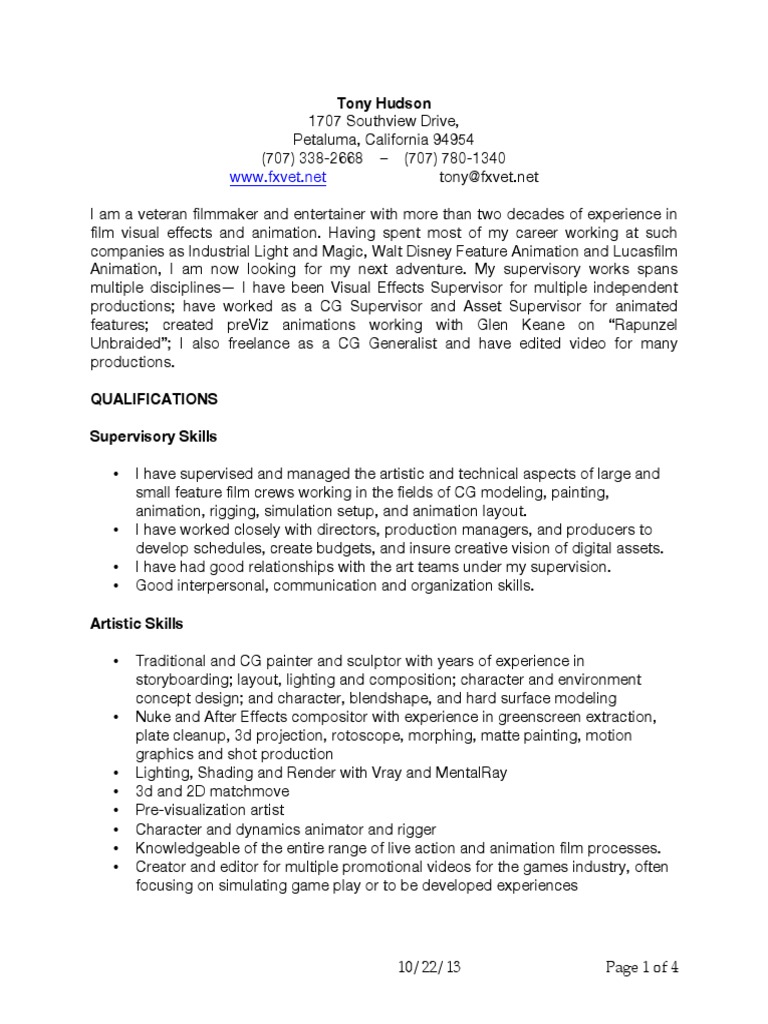 Tony Hudson Resume 102213 PDF | PDF | Animation | Computer Graphics