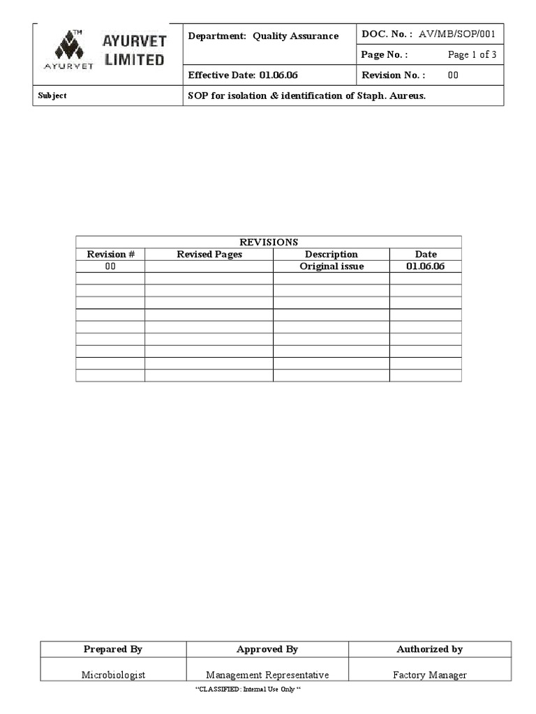 Av-mb-sop-001 (Bis) Sop for Isolation & Identification of s.aureus ...