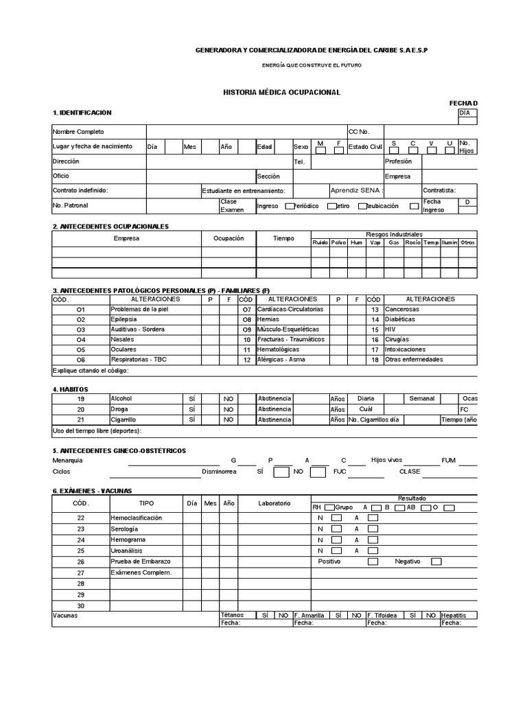Formato Historia Clinica Ocupacional | La columna vertebral | Ciencias de la Salud