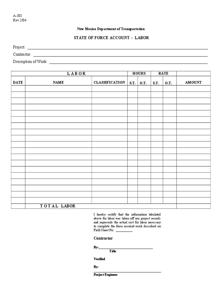 Force Account Labor Certification Form | PDF | Technology & Engineering