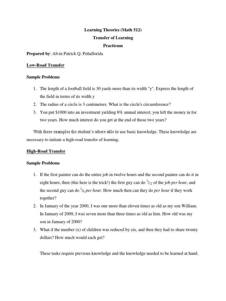 Low Road Transfer of Learning Examples | PDF