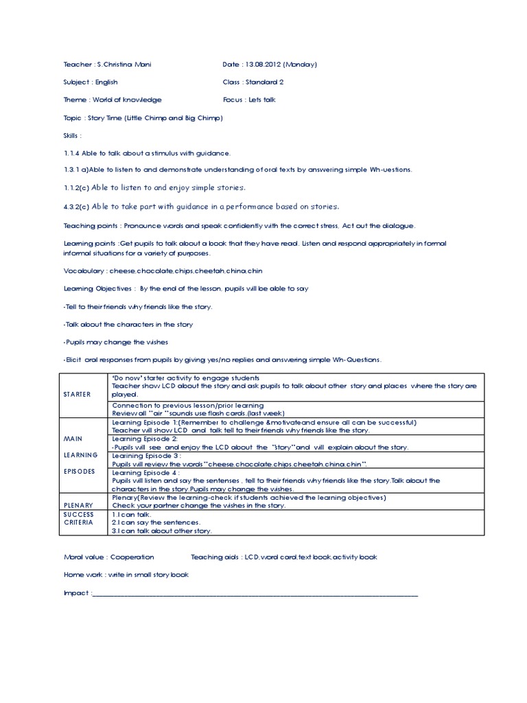 Story Time Lesson Plan for Standard 2 | PDF | English Language | Teachers