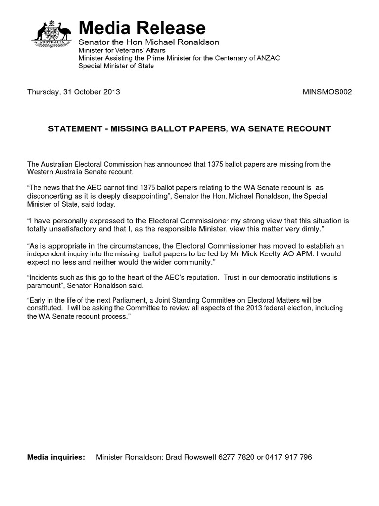 Statement - Missing Ballot Papers WA Senate Recount | PDF | Government ...