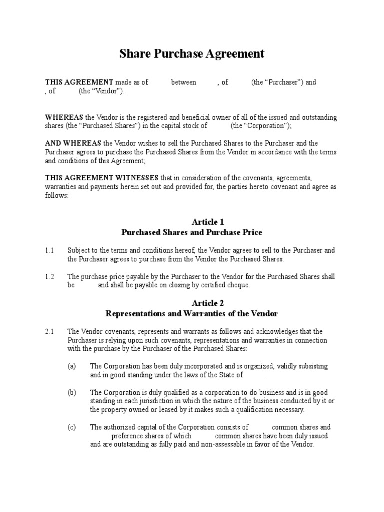 Share Purchase Agreement Short Form | PDF | Securities (Finance ...