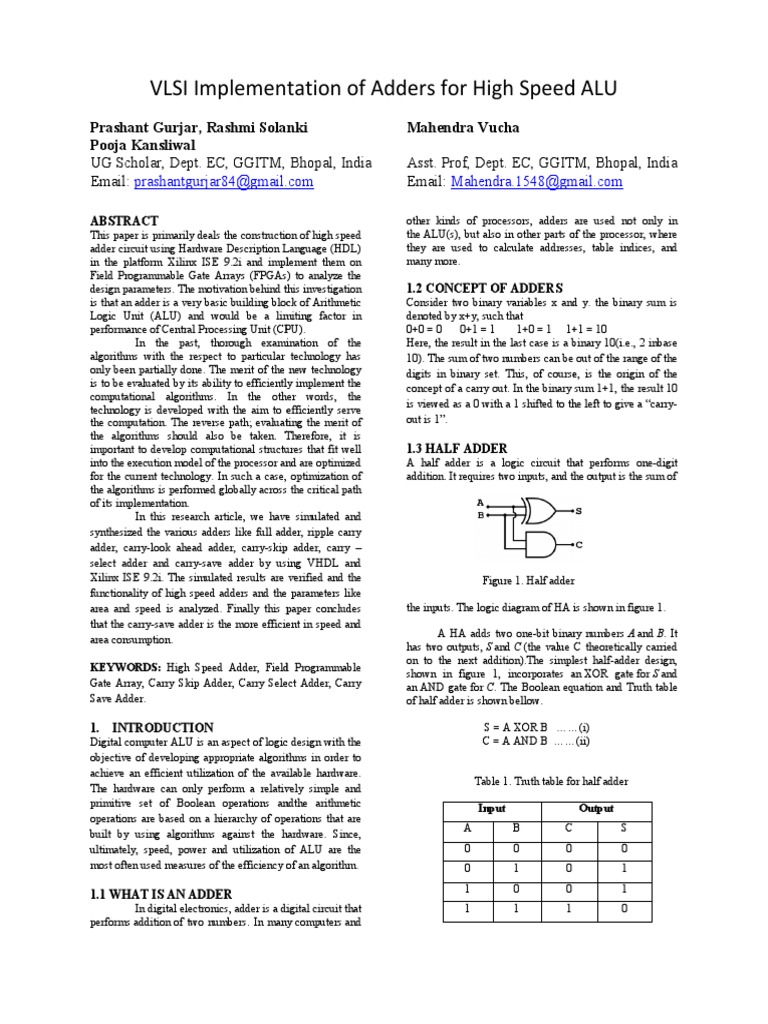 Vlsi Implementation For High Speed Adders Pdf Field Programmable Gate Array Electronic