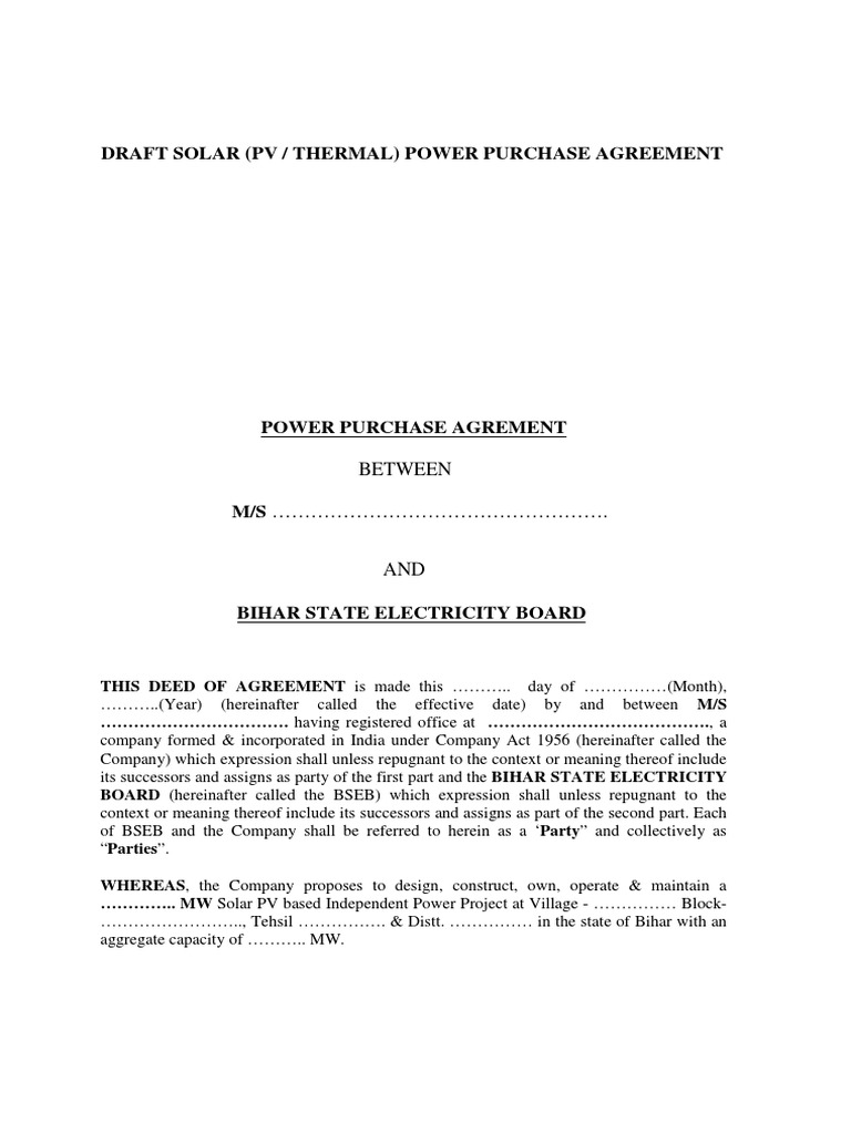 Draft Solar Power Purchase Agreement | Electrical Substation | Solar Power