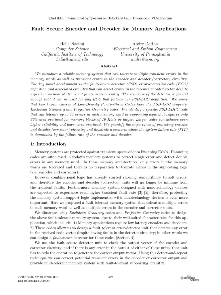 Fault Secure Encoder And Decoder For Memory Applications Pdf Forward Error Correction