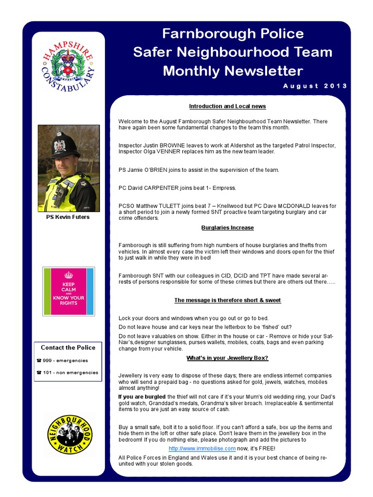 NHW Newsletter - August 2013 | PDF | Theft | Burglary
