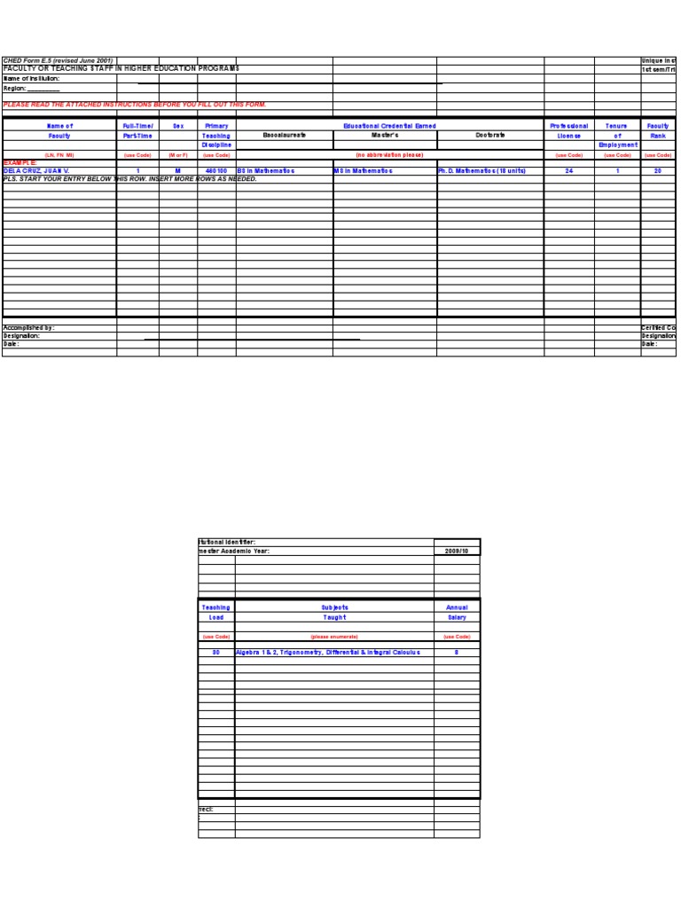 CHED Form E5 - Faculty Form For Private HEIs - AY0910 | PDF | Teaching ...