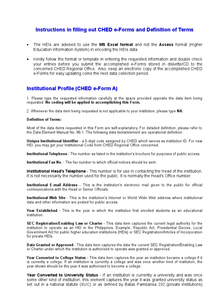 Instructions For CHED Forms A-B E-Forms - AY0910 | Download Free PDF ...