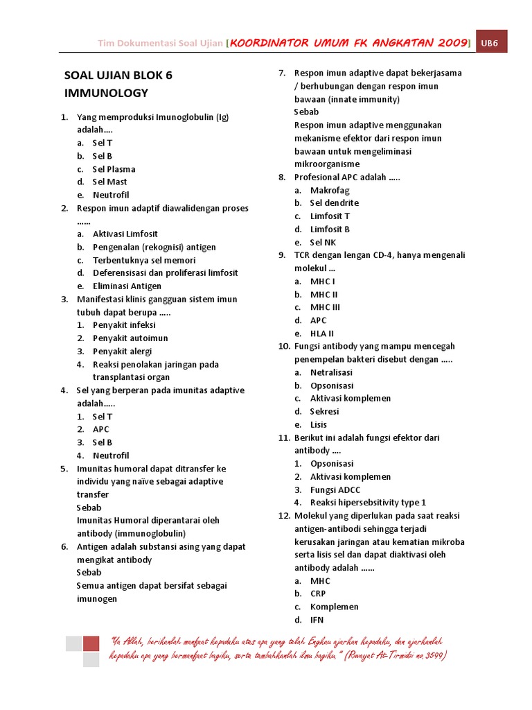 Soal Ujian Blok 6 Immunology | PDF